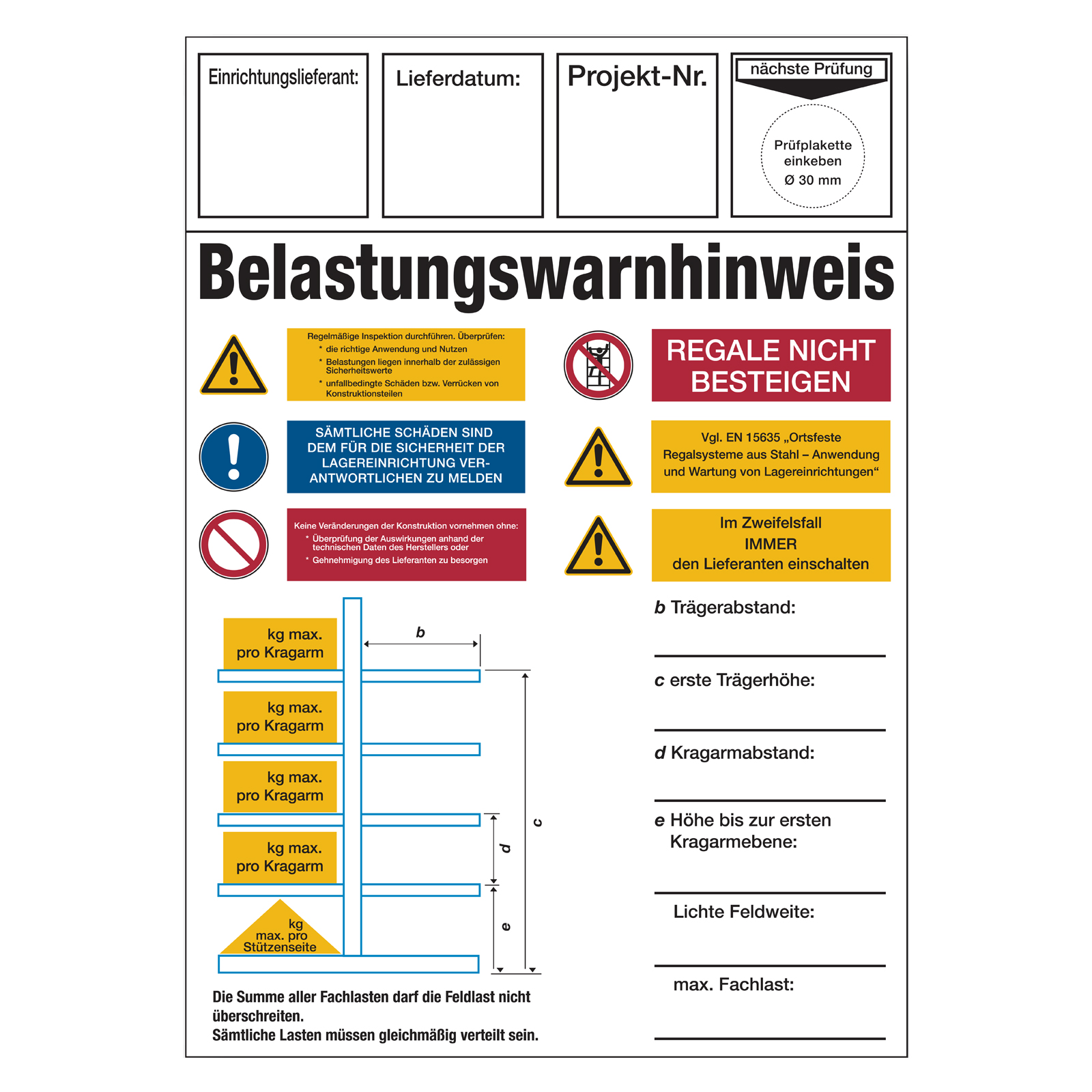 Belastungswarnhinweis Kragarmregal aus Aluminium - Aufkleber-Shop