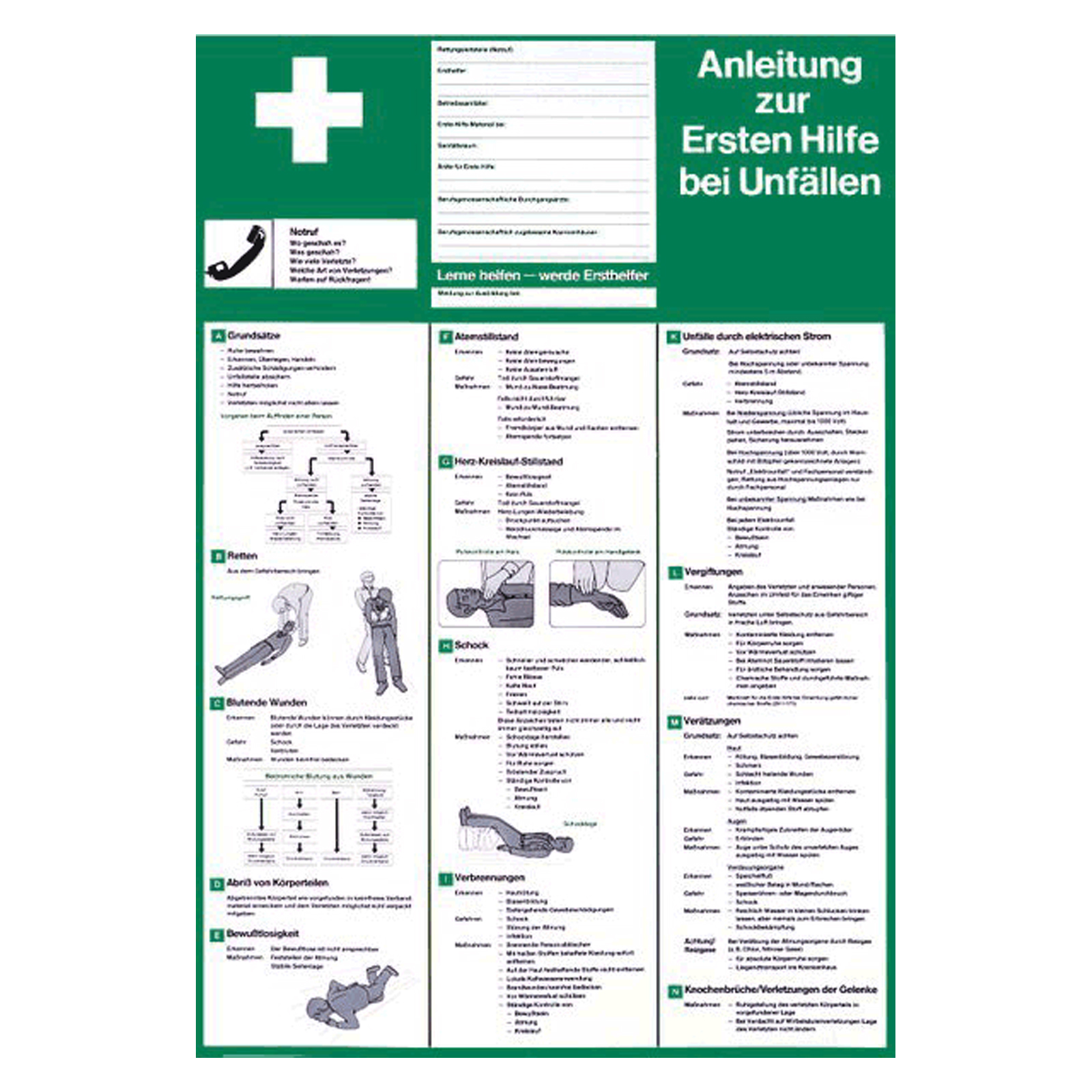Anleitung zur Ersten Hilfe bei Unfällen deutsch - Aufkleber-Shop