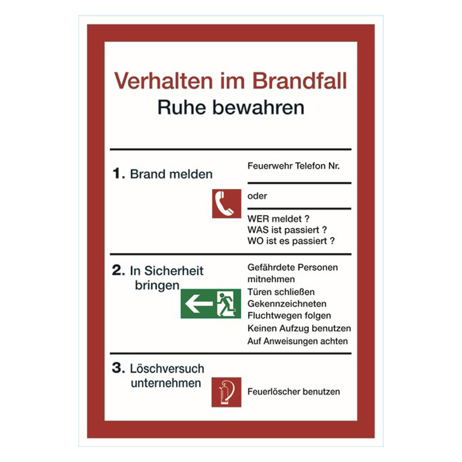 Verhalten im Brandfall - Ruhe bewaren 210 x 297 mm - Aufkleber-Shop