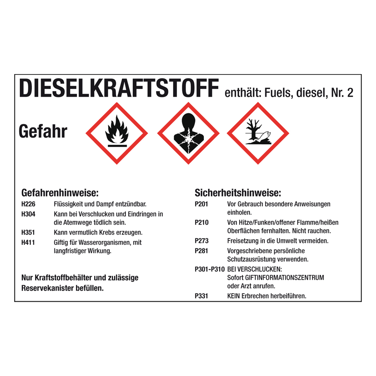 GHS-Kraftstoffetikett Dieselkraftstoff mit Stoffangabe 74 x 52 mm für ...
