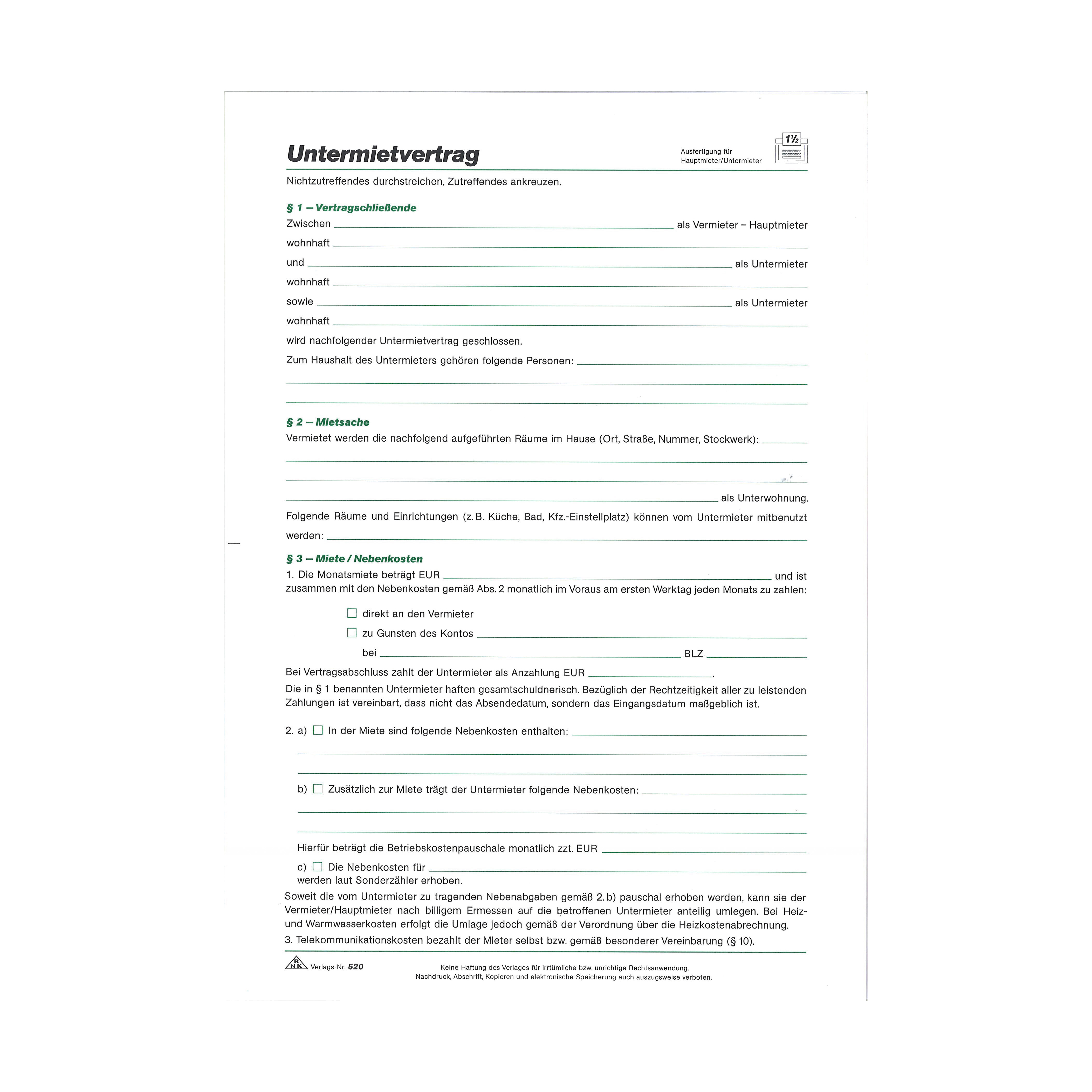 Untermietvertrag 4 Seiten DIN A4 - Aufkleber-Shop