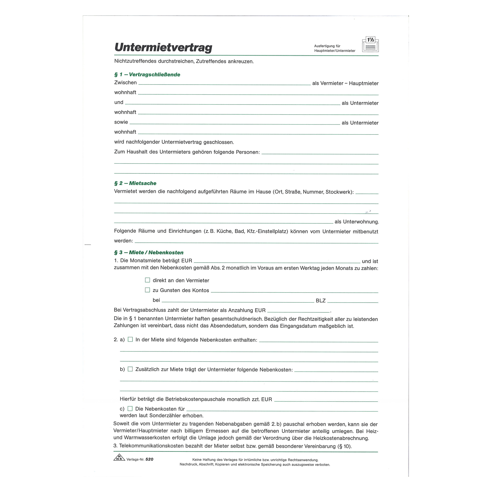 Untermietvertrag 4 Seiten 10er Pack - Aufkleber-Shop