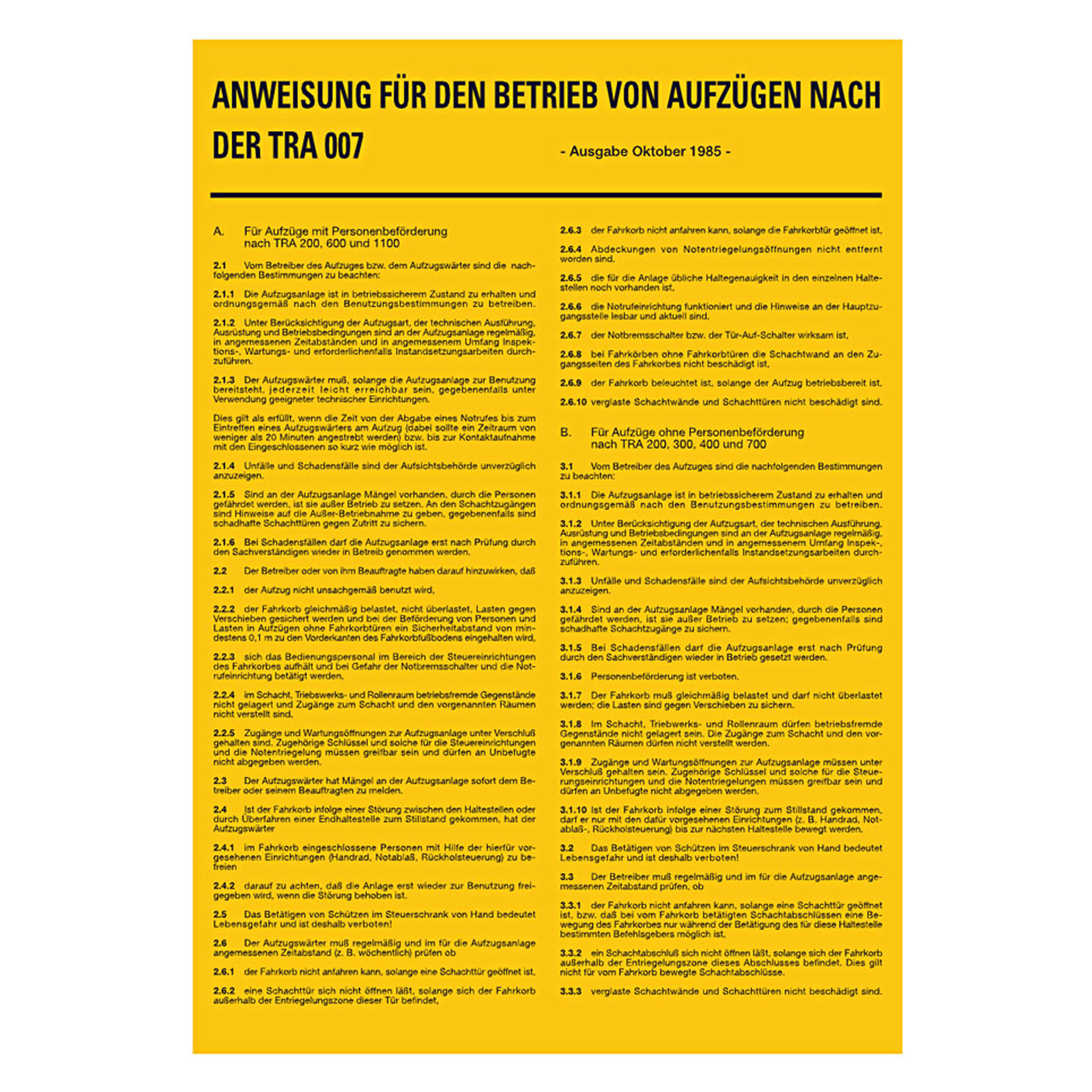 Anweisungen für den Betrieb von Aufzügen TRA 007 - Aufkleber-Shop