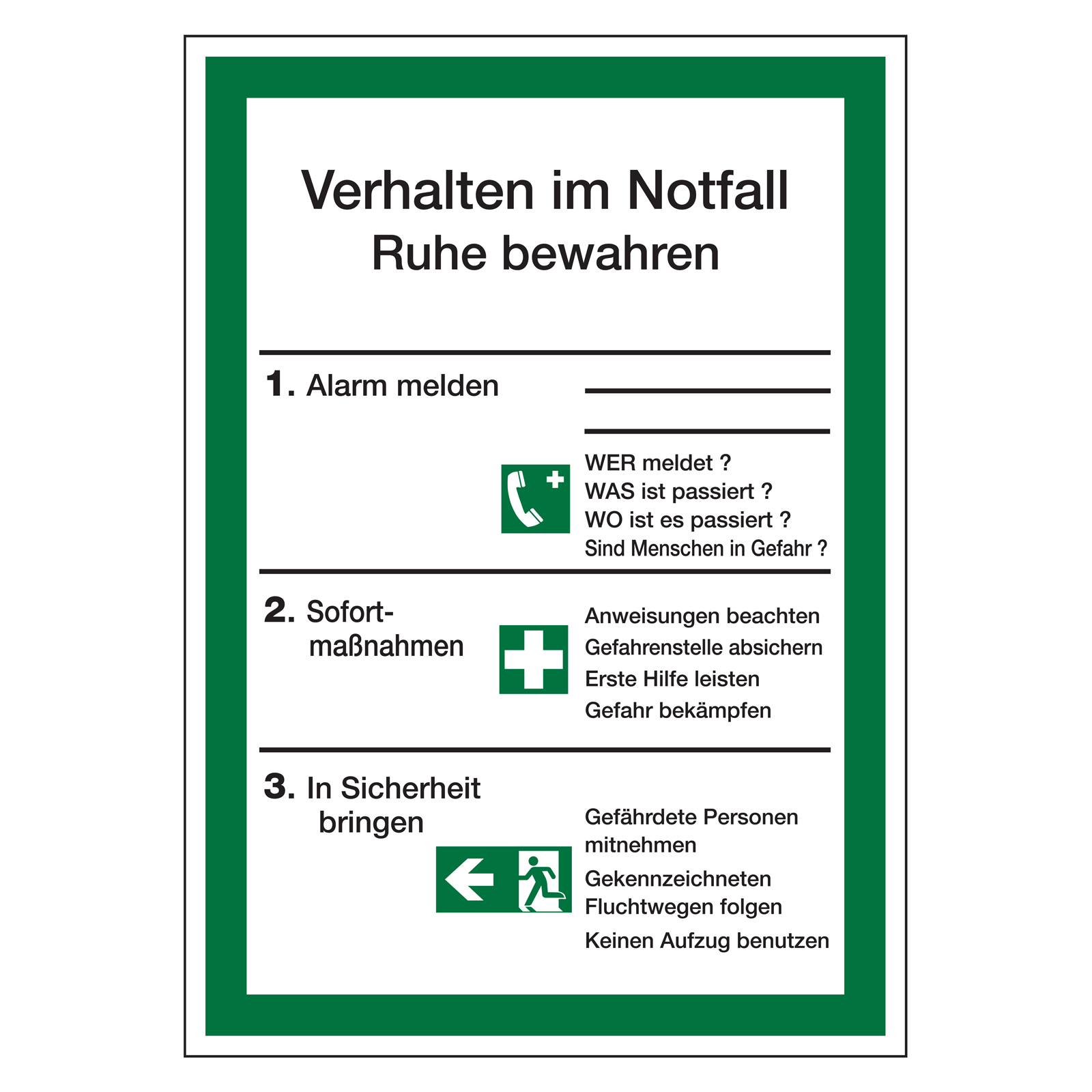 Verhalten im Notfall - Ruhe bewahren aus Kunststoff langnachleuchtend - Aufkleber-Shop