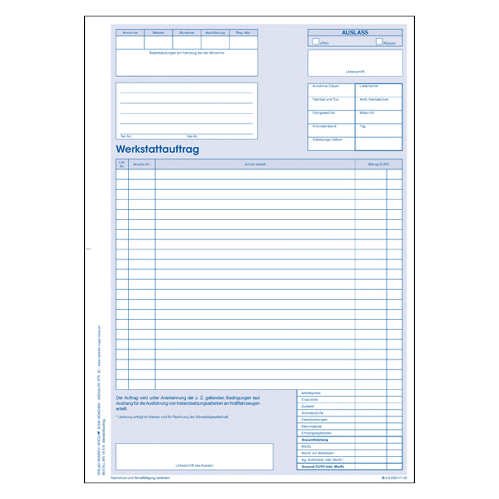 Werkstattauftragskarte DIN A4 im 100er Pack - Aufkleber-Shop