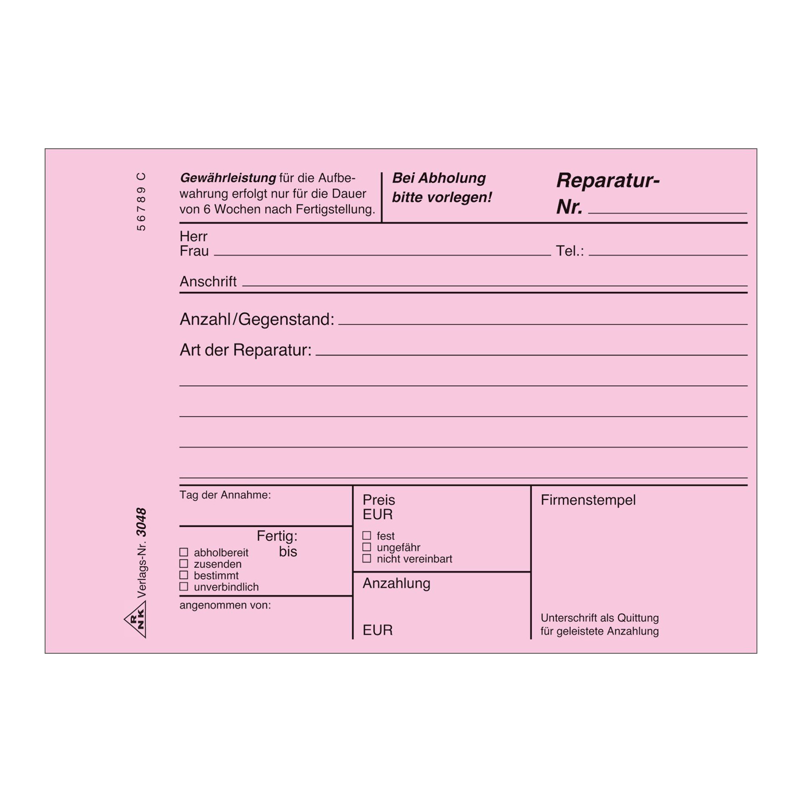 RNK Verlag Reparaturschein - Block - SD, 3 x 40 Blatt, DIN A6 quer ...