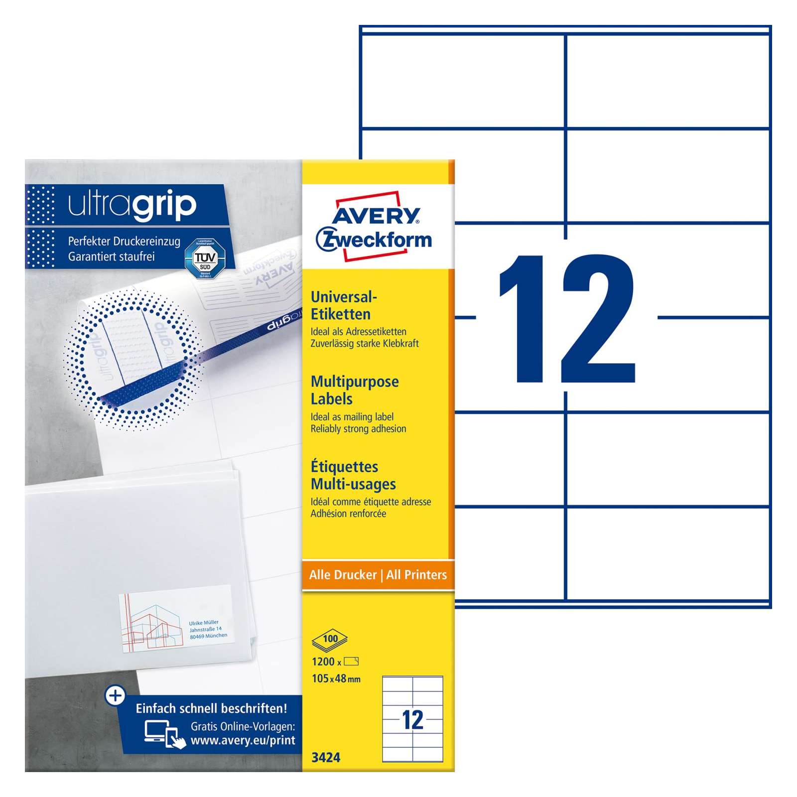 Avery Zweckform® 3424 Universal-Etiketten (A4, Papier matt, 1.200 ...