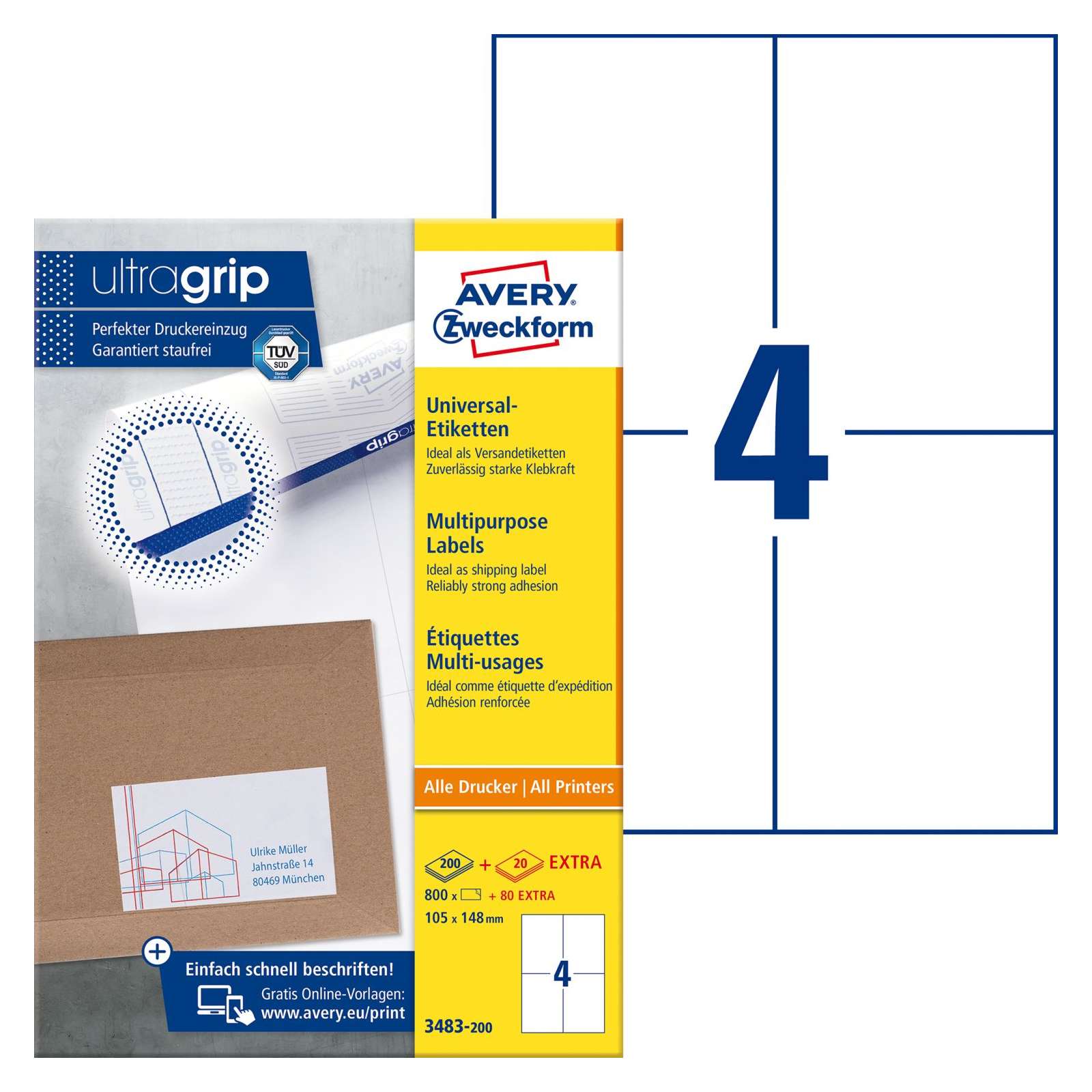 Avery Zweckform® 3483-200 Universal-Etiketten, 105 x 148 mm, Deutsche ...