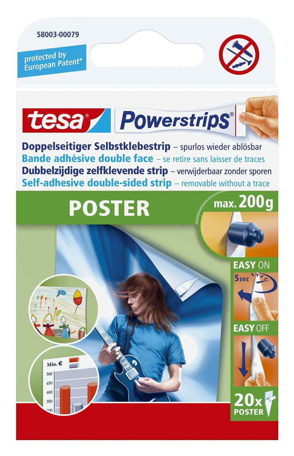 Tesa® Powerstrips® Poster - ablösbar, Tragfähigkeit 200 g, weiß, 20 ...