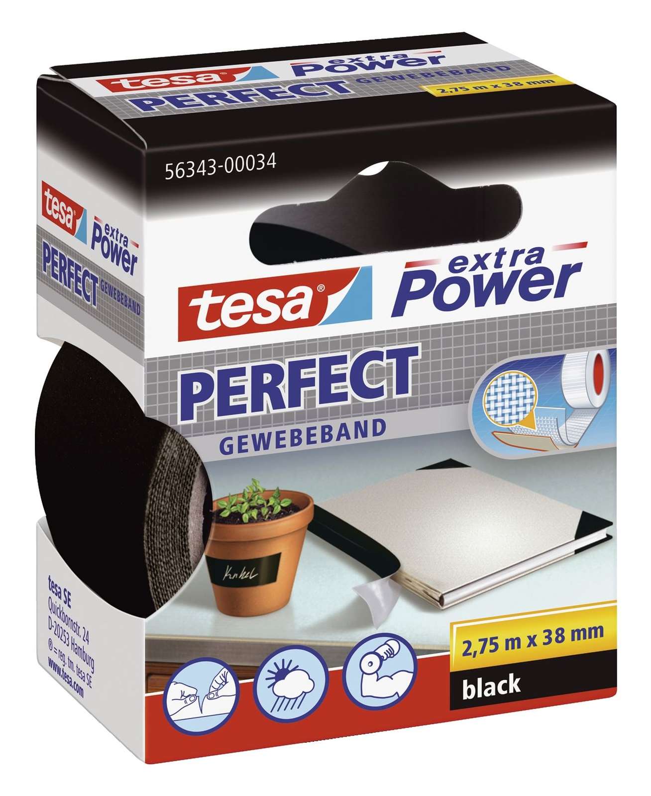 Tesa® Gewebeklebeband extra Power Gewebeband, 2,75 m x 38 mm, schwarz ...