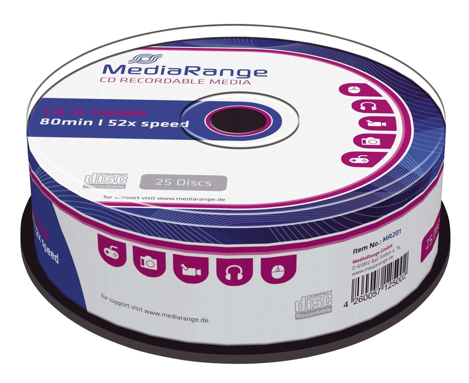 MediaRange CD-R Rohlinge - 700MB/80Min, 52-fach/Spindel, Packung mit 25 ...