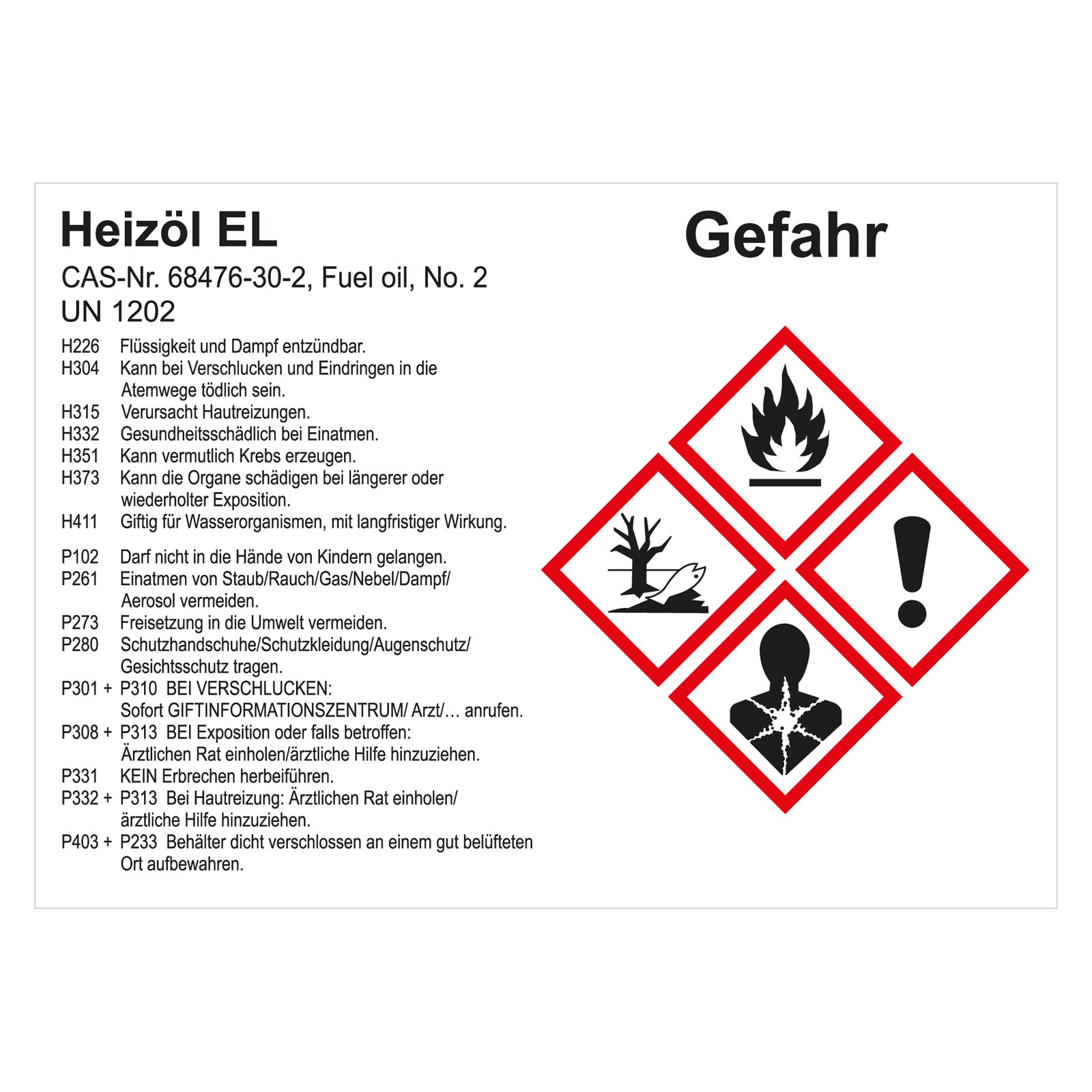 GHS Aufkleber | Heizöl EL UN 1202 | 148x105 mm - Aufkleber-Shop