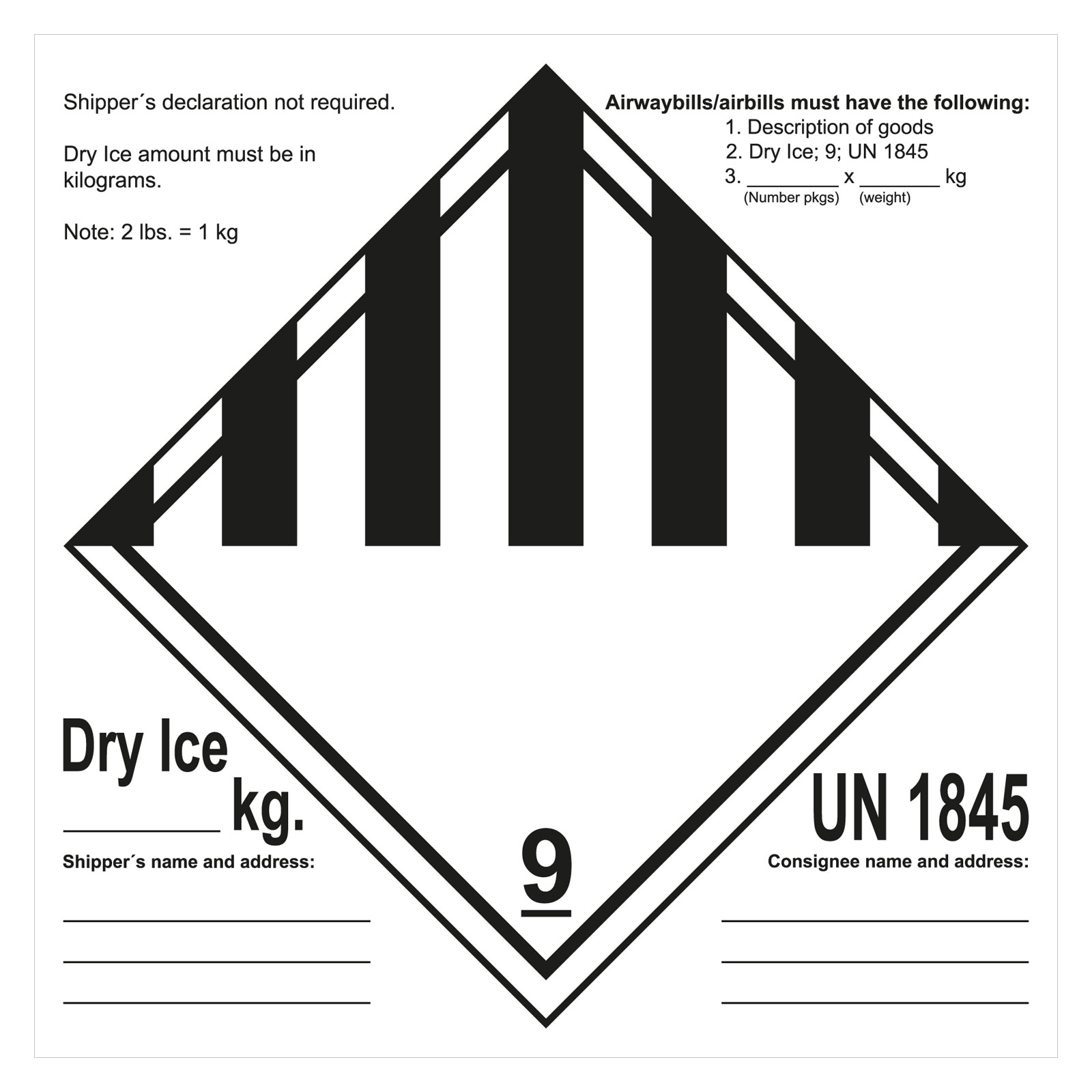 Klasse 9 UN 1845 Dry Ice Shipper's Declaration- Aufkleber - Aufkleber-Shop