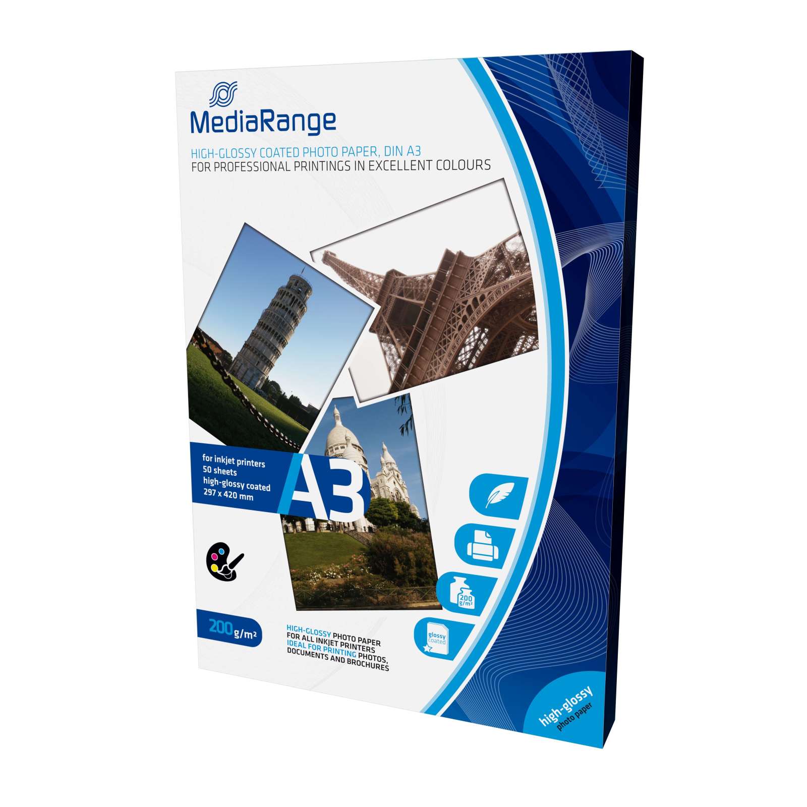 MEDIARANGE DIN A3 Fotopapier für Tintenstrahldrucker, hochglänzend, 200g, 50 Blatt - Aufkleber-Shop