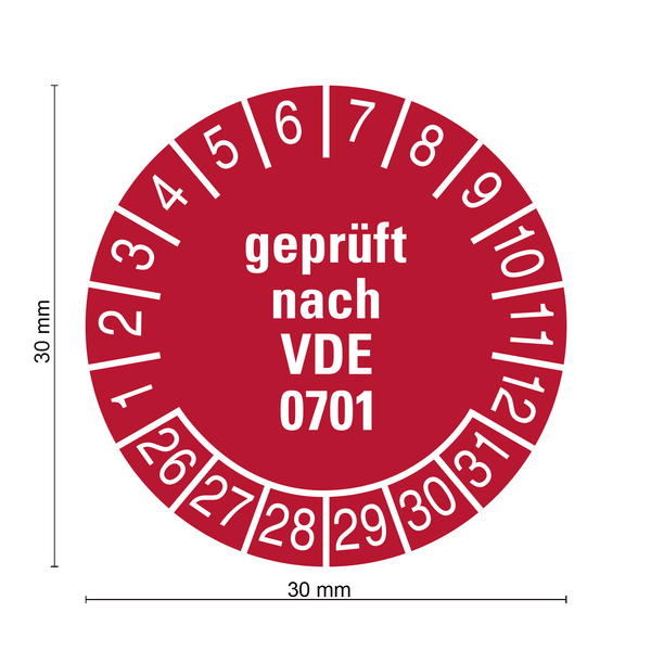 Prüfplaketten Geprüft nach VDE 0701 2026 Rot | Folie Ø 30 mm 10 Stück ...
